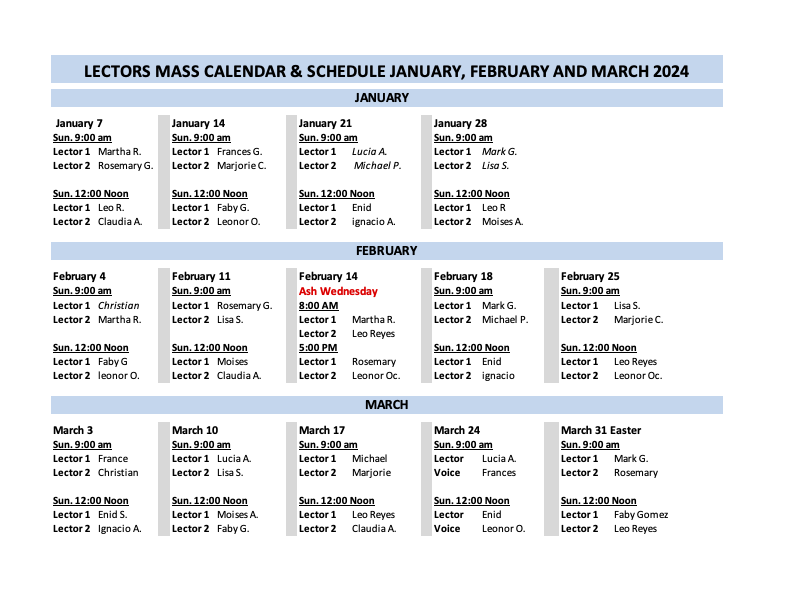 Schedules / Horarios - St. Gerard Majella Catholic Church - Los Angeles, CA